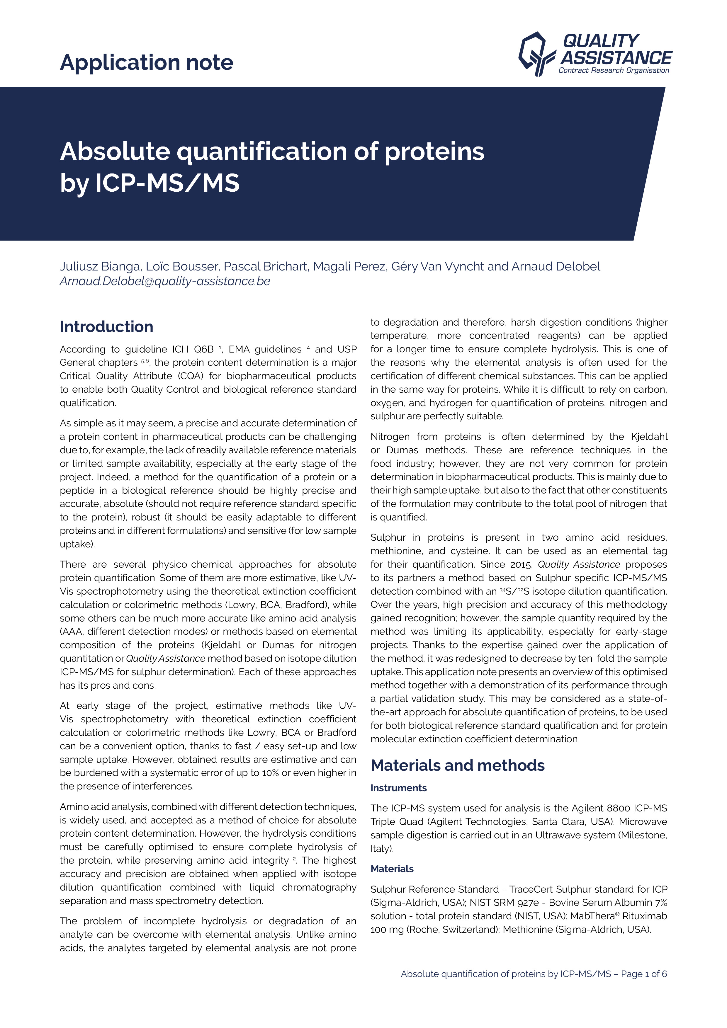 Absolute quantification of proteins by ICP-MS/MS | Quality Assistance Absolute quantification of proteins by ICP-MS/MS | Quality Assistance